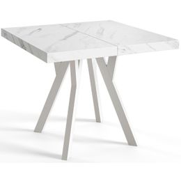 QUADRATISCHER Esstisch ausziehbar &ndash; Moderner Wohnzimmertisch und K&uuml;chentisch &ndash; Tisch mit Holzbeinen, Durchmesser 90 - 190 cm - Farbe Marmur