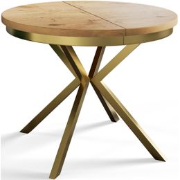 RUNDER Esszimmertisch BERGO, ausziehbarer Tisch Durchmesser: 100 cm/180 cm, Wohnzimmertisch Farbe: Hellbraun, mit Metallbeinen in Farbe Gold