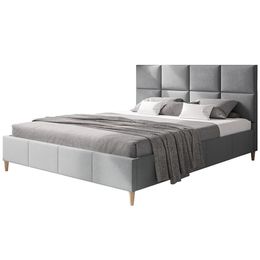 POLSTERBETT LUX Roma mit Kopfteil, 140 x 200 cm, Doppelbett mit Lattenrost aus Holz, Velourstoff Hellgrau, F&uuml;&szlig;e in Farbe: Braun