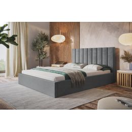 BETT 180x200 - Polsterbett mit Bettkasten und Holzrahmen - Modern Betten - Weicher Jasminstoff - Kollektion Sapporo - Grau