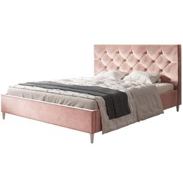 POLSTERBETT LUX Boston mit Kopfteil, 120 x 200 cm, Doppelbett mit Lattenrost aus Holz, Velourstoff Rosa, F&uuml;&szlig;e in Farbe: Wei&szlig;