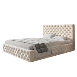 BETT 160x200 - Polsterbett mit Bettkasten und Holzrahmen - Elegant Betten - Weicher Jasminstoff - Kollektion Miami, Beige
