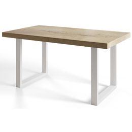INDUSTRIELLER Esszimmertisch LOFT-U, ausziehbarer Tisch, Gr&ouml;&szlig;e: 180-280X90X77 cm, Wohnzimmertisch Farbe: HALIFAX, mit Metallbeinen in Farbe Wei&szlig;