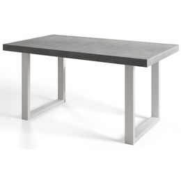 INDUSTRIELLER Esszimmertisch LOFT-U, Gr&ouml;&szlig;e: 140X80X77 cm, Wohnzimmertisch Farbe: Grau, mit Metallbeinen in Farbe Wei&szlig;