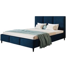 POLSTERBETT LUX Siena mit Kopfteil, 160 x 200 cm, Doppelbett mit Lattenrost aus Holz, Velourstoff Dunkelblau, F&uuml;&szlig;e in Farbe: Schwarz
