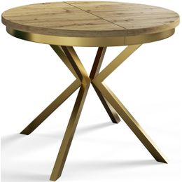 RUNDER Esszimmertisch BERGO, ausziehbarer Tisch Durchmesser: 90 cm/170 cm, Wohnzimmertisch Farbe: Mattbraun, mit Metallbeinen in Farbe Gold