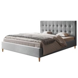 POLSTERBETT LUX Rio mit Kopfteil, 160 x 200 cm, Doppelbett mit Lattenrost aus Holz, Velourstoff Grau, F&uuml;&szlig;e in Farbe: Braun