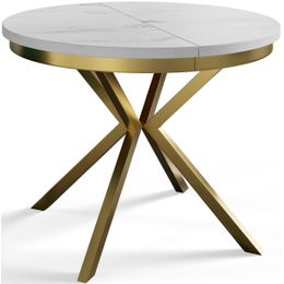 RUNDER Esszimmertisch BERGO, ausziehbarer Tisch Durchmesser: 90 cm/170 cm, Wohnzimmertisch Farbe: Marmur, mit Metallbeinen in Farbe Gold