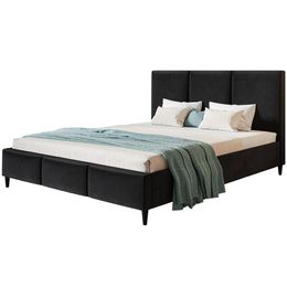 POLSTERBETT LUX Siena mit Kopfteil, 160 x 200 cm, Doppelbett mit Lattenrost aus Holz, Velourstoff Schwarz, F&uuml;&szlig;e in Farbe: Schwarz