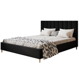 POLSTERBETT LUX Tokio mit Kopfteil, 160 x 200 cm, Doppelbett mit Lattenrost aus Holz, Velourstoff Schwarz, F&uuml;&szlig;e in Farbe: Braun