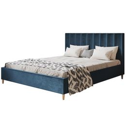 POLSTERBETT LUX Tokio mit Kopfteil, 160 x 200 cm, Doppelbett mit Lattenrost aus Holz, Velourstoff Dunkelblau, F&uuml;&szlig;e in Farbe: Braun