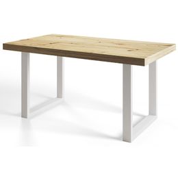 INDUSTRIELLER Esszimmertisch LOFT-U, Gr&ouml;&szlig;e: 140X80X77 cm, Wohnzimmertisch Farbe: ARTISAN, mit Metallbeinen in Farbe Wei&szlig;