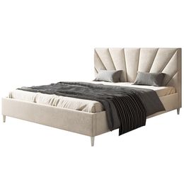 POLSTERBETT LUX Denver mit Kopfteil, 180 x 200 cm, Doppelbett mit Lattenrost aus Holz, Velourstoff Beige, F&uuml;&szlig;e in Farbe: Wei&szlig;