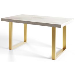 INDUSTRIELLER Esszimmertisch LOFT-U, Gr&ouml;&szlig;e: 140X80X77 cm, Wohnzimmertisch Farbe: MARMUR, mit Metallbeinen in Farbe Gold