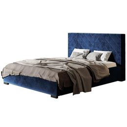 POLSTERBETT Sevilla mit Kopfteil, 140x200 cm, Doppelbett mit Bettkasten und Lattenrost aus Holz, Velourstoff Dunkelblau
