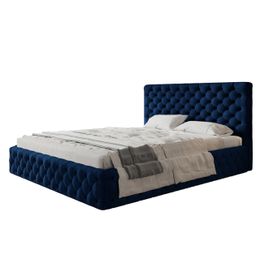 BETT 160x200 - Polsterbett mit Bettkasten und Holzrahmen - Elegant Betten - Glatter Kronos-Stoff - Kollektion Miami, Blau