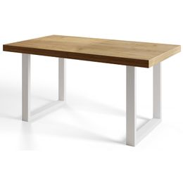 INDUSTRIELLER Esszimmertisch LOFT-U, ausziehbarer Tisch, Gr&ouml;&szlig;e: 120-220X80X77 cm, Wohnzimmertisch Farbe: CRAFT, mit Metallbeinen in Farbe Wei&szlig;