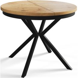 RUNDER Esszimmertisch BERGO, ausziehbarer Tisch Durchmesser: 120 cm/200 cm, Wohnzimmertisch Farbe: Hellbraun, mit Metallbeinen in Farbe Schwarz