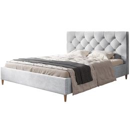 POLSTERBETT LUX Boston mit Kopfteil, 180 x 200 cm, Doppelbett mit Lattenrost aus Holz, Velourstoff Hellgrau, F&uuml;&szlig;e in Farbe: Braun