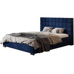 POLSTERBETT Porto mit Kopfteil, 160x200 cm, Doppelbett mit Bettkasten und Lattenrost aus Holz, Velourstoff Dunkelblau