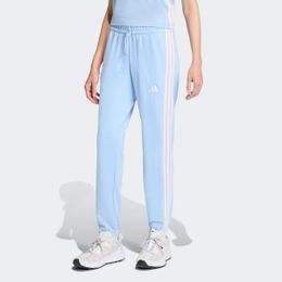 Sporthose adidas Sportswear "ESSENTIALS 3-STREIFEN FRENCH TERRY CUFFED", Damen, Gr. M, N-Gr, glow blau, clear pink, normal, gr., Obermaterial: 55% Baumwolle, 36% Polyester, 9% Viskose, Hosen Sporthose, Regul&auml;re Passform, mittelhoher Bund, weiches French Terry Material