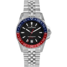 Quarzuhr Jacques Lemans "Liverpool Diver", silberfarben, blau, rot, Armbanduhren, Herren, Quarzuhr, Armbanduhr, Herrenuhr, Edelstahlarmband, analog, Tag