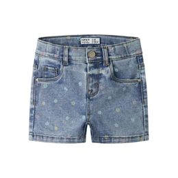 Jeansshorts name it "NMFSALLI SLIM DNM SHORTS 3555-ON NOOS", M&auml;dchen, Gr. 92, N-Gr, blau (medium blau denim detail:flower), Denim/Jeans, Obermaterial: 74% Baumwolle, 24% Polyester, 1% Elasthan, 1% Viskose, Abriebeffekte, gebl&uuml;mt, slim fit kurz, Jeans Jeansshorts, Denim Baumwollmischung, leichte Used Effekte, Allover Druck