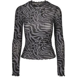 Langarmshirt Urban Classics "Urban Classics Damen Ladies AOP Mesh Turtleneck Longsleeve", M&auml;dchen, Gr. M, asphalt, schwarz, 94% Polyamid, 6% Elasthan, bedruckt, slim fit, amerikanischer Ausschnitt, Shirts Langarmshirt