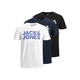 Jack & Jones Rundhalsshirt JACK & JONES "JJECORP LOGO TEE SS O-NECK 3PK MP NOOS", Jungen, Gr. M, bunt (wei&szlig; pack:with navyblazer, schwarz all big), Jersey, Obermaterial: 100% Baumwolle, bedruckt, slim fit normal, Rundhals, Shirts Rundhalsshirt, Baumwolle, slim fit