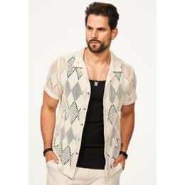 Kurzarmhemd Soulstar "Freizeithemd als Kurzam Strick Hemd im Retro-Look - Strick Polo-Hemd Overshirt im Regular-Fit f&uuml;r Herren", Herren, Gr. M, US, wei&szlig; (ecru), Obermaterial: 100% Baumwolle CO., gerader Abschluss, Hemden, Herren Strick Polo-Hemd T-Shirt im Regular-Fit Festival Hemd