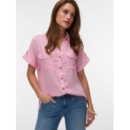 V&eacute;ro Moda Kurzarmbluse VERO MODA "VMBUMPY S/S SHIRT WVN GA NOOS", Damen, Gr. XL, rosa (snow wei&szlig; stripes:pink cosmos), Web, Obermaterial: 100% Viskose, gestreift, regular fit normal, V-Ausschnitt, mit Aufschlag, Blusen, Viskose, regular fit