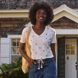 LANDS' END Supima Kurzarm-Shirt mit V-Ausschnitt, Damen,  Wei&szlig;, Baumwolle, by Lands' End