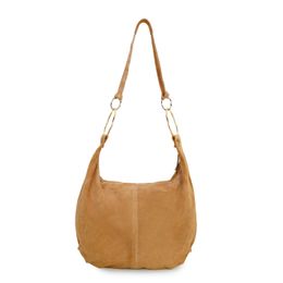 Schultertasche Harpa "ISLA", Damen, Gr. B/H/T: 46cm x 34cm x 6cm, braun (camelfarben), Kunstfaser, unifarben, Taschen Schultertasche, mit tollen Metallring-Details