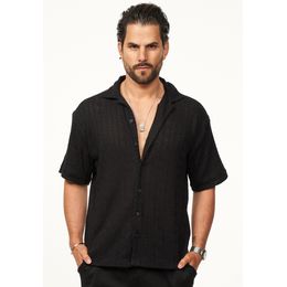 Kurzarmhemd Carisma "f&uuml;r Herren im Vintage Summer-Look im Crochet-Stil", Herren, Gr. L, US, schwarz, Obermaterial: 50% Baumwolle CO. 30% Polyacryl PAN. 20% Polyester PES., Hemden, Kurzarm Strick Polo-Hemd T-Shirt im Retro-Stricklook