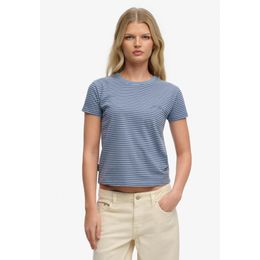 T-Shirt Superdry "ESSENTIAL LOGO STR FITTED TEE", Damen, Gr. L, tidal blau stripe, Single Jersey, Obermaterial: 100% Baumwolle, gestreift, slim fit normal, Rundhals, Shirts T-Shirt, angenehmes Tragegef&uuml;hl durch besonders weiche Haptik