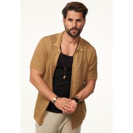 Poloshirt Soulstar "Kurzarm Strickhemd im Cardigan Stil mit Knopfleiste f&uuml;r Herren", Herren, Gr. L, gelb (tan), Obermaterial: 100% Baumwolle CO., Shirts, Herren Kurzarm Strick Polo-Hemd Cardigan T-Shirt