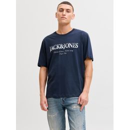 Jack & Jones Rundhalsshirt JACK & JONES "JJDEVIN DAYTONA PRINT TEE SS CREW NECK", Jungen, Gr. M, navy blazer, Jersey, Obermaterial: 100% Baumwolle, bedruckt, regular fit normal, Rundhals, Shirts Rundhalsshirt
