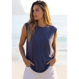 Beach Time Shirttop BEACHTIME "mit breiten Schultern", Damen, Gr. 32/34, blau (indigo), Slub, Obermaterial: 95% Viskose (LENZING&trade; ECOVERO&trade;), 5% Elasthan, unifarben, Basic, bequem normal, Rundhals, Tops Shirttop, aus luftiger Viskose-Qualit&auml;t