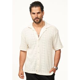 Kurzarmhemd Carisma "f&uuml;r Herren im Vintage Summer-Look im Crochet-Stil", Herren, Gr. L, US, wei&szlig; (ecru), Obermaterial: 50% Baumwolle CO. 30% Polyacryl PAN. 20% Polyester PES., Hemden, Kurzarm Strick Polo-Hemd T-Shirt im Retro-Stricklook