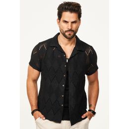 Kurzarmhemd Soulstar "Freizeithemd als Kurzam Strick Hemd im Retro-Look - Strick Polo-Hemd Overshirt im Regular-Fit f&uuml;r Herren", Herren, Gr. M, US, schwarz, Obermaterial: 100% Baumwolle CO., gerader Abschluss, Hemden, Herren Strick Polo-Hemd T-Shirt im Regular-Fit Festival Hemd