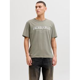 Jack & Jones Rundhalsshirt JACK & JONES "JJDEVIN DAYTONA PRINT TEE SS CREW NECK", Jungen, Gr. M, vetiver, Jersey, Obermaterial: 100% Baumwolle, bedruckt, regular fit normal, Rundhals, Shirts Rundhalsshirt