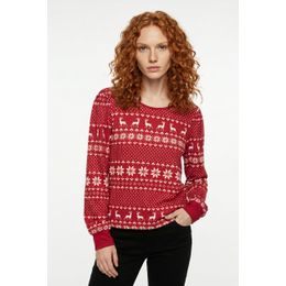 V&eacute;ro Moda Langarmshirt VERO MODA "VMCHRIS LS O-NECK TOP JRS XMAS", Damen, Gr. M, rot (karanda rot aop:snow wei&szlig; xmas), Jersey, Obermaterial: 95% Polyester, 5% Elasthan, bedruckt, Rundhals, Rippb&uuml;ndchen, Shirts Langarmshirt