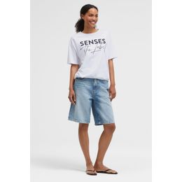 Rundhalsshirt SENSES.THE LABEL, Damen, Gr. M/L, wei&szlig;, Single Jersey, Material: 100% Baumwolle, bedruckt, regular fit normal, Rundhals, eingesetzt gerader Abschluss, Shirts Rundhalsshirt, mit Bindeband am Saum