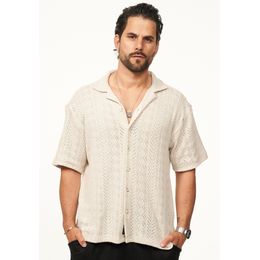 Kurzarmhemd Carisma "f&uuml;r Herren im Vintage Summer-Look im Crochet-Stil", Herren, Gr. M, US, beige, Obermaterial: 50% Baumwolle CO. 30% Polyacryl PAN. 20% Polyester PES., Hemden, Kurzarm Strick Polo-Hemd T-Shirt im Retro-Stricklook