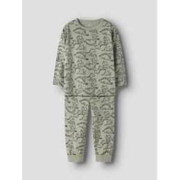 Schlafanzug name it "NMMNIGHTSET 2P AOP NOOS", Jungen, Gr. 110/116, gr&uuml;n (seagrass print:dino), Jersey, Obermaterial: 95% Baumwolle, 5% Elasthan, bedruckt, geringelt, gestreift, unifarben, Basic lang, Rundhals, Homewear-Sets Schlafanzug