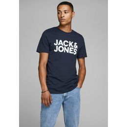 Jack & Jones T-Shirt JACK & JONES "JJECORP Herren-Tee mit figurbetonter Silhouette", Jungen, Gr. L, blau (navy), Jersey, Obermaterial: 100% Baumwolle, bedruckt, schmal h&uuml;ftbedeckend, Rundhals, gerader Abschluss, Shirts T-Shirt, bedruckt, modisch, schmal, Baumwolle, Rundhals