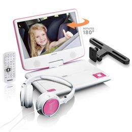 Lenco DVP-910PK - 9 Zoll tragbarer DVD-Spieler mit Kopfh&ouml;rer und Kopfst&uuml;tzenbefestigung - integrierter Akku - USB-Eingang - Pink/Wei&szlig;