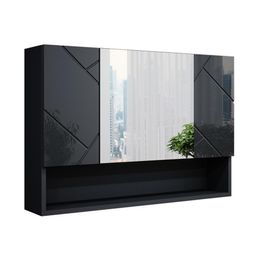 VICCO Badspiegelschrank, Schwarz Hochglanz, Holzwerkstoff, 7 F&auml;cher, Rechteckig, 80.1x55x17 cm, Badezimmer, Badezimmerspiegel, Spiegelschr&auml;nke