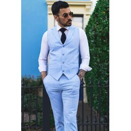 Herren Sommer 2-Teiler Anzug Leinen Formal Hellblau Weste Hose
