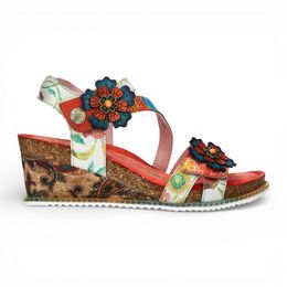 Laura Vita Damen-Espadrilles &bdquo;Bonito 32&ldquo; aus orangefarbenem Leder mit Blumenmuster und Keilabsatz